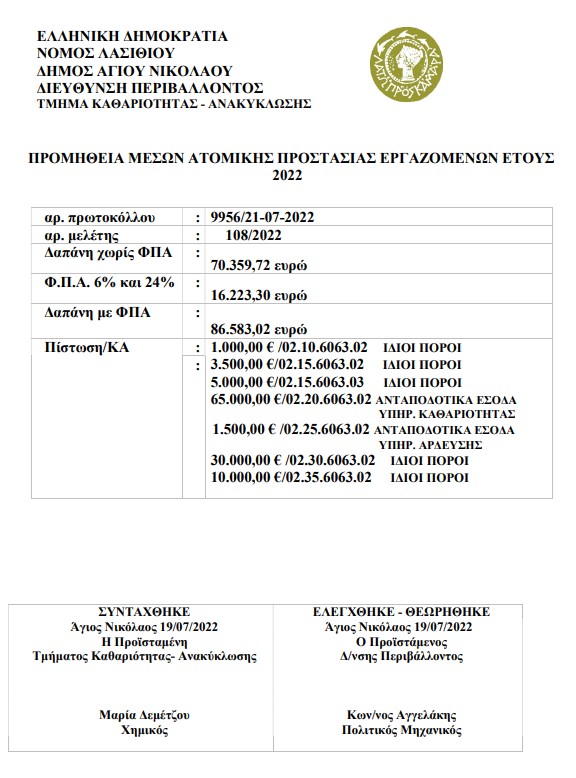 ΠΡΟΜΗΘΕΙΑ ΜΕΣΩΝ ΑΤΟΜΙΚΗΣ ΠΡΟΣΤΑΣΙΑΣ ΕΡΓΑΖΟΜΕΝΩΝ ΕΤΟΥΣ 2022 ΟΜΑΔΕΣ 1,2,3 ...